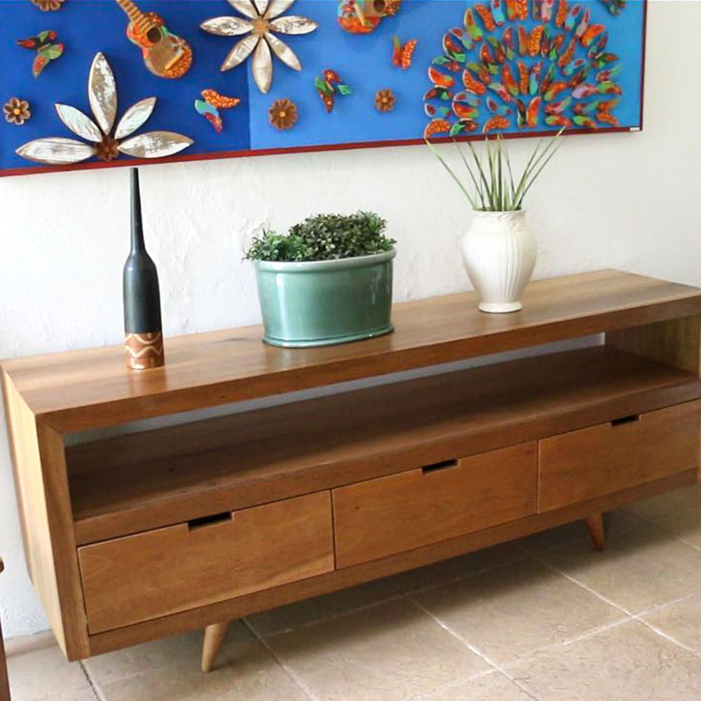 Rack De Madeira Maciça Demolição Horizonte Com Pés Palito 3 Gavetas E